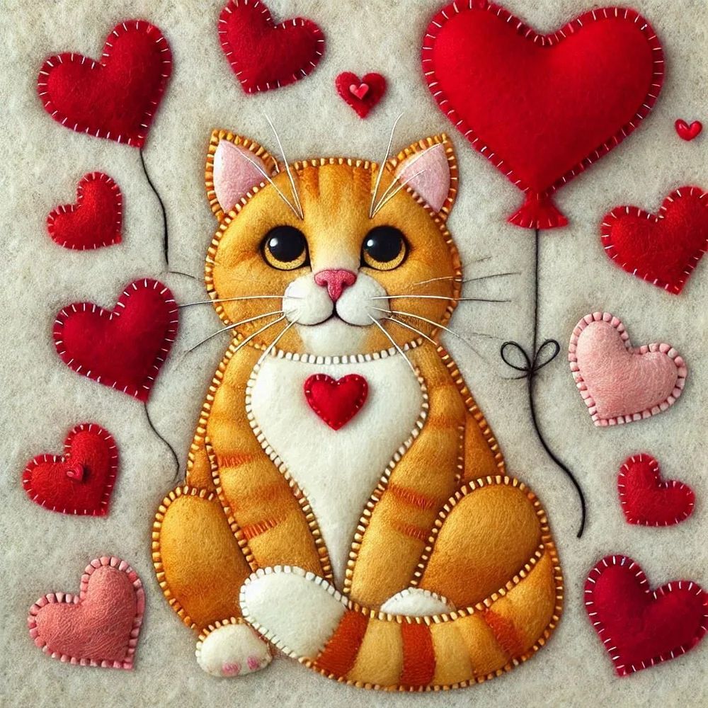 Felt Ginger Cat and Hearts Card – The Cat Gallery