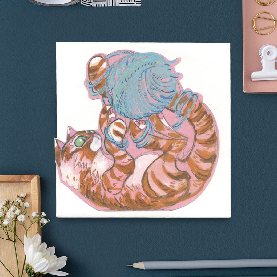 Ginger Cat & Wool Die Cut Greetings Card – The Cat Gallery